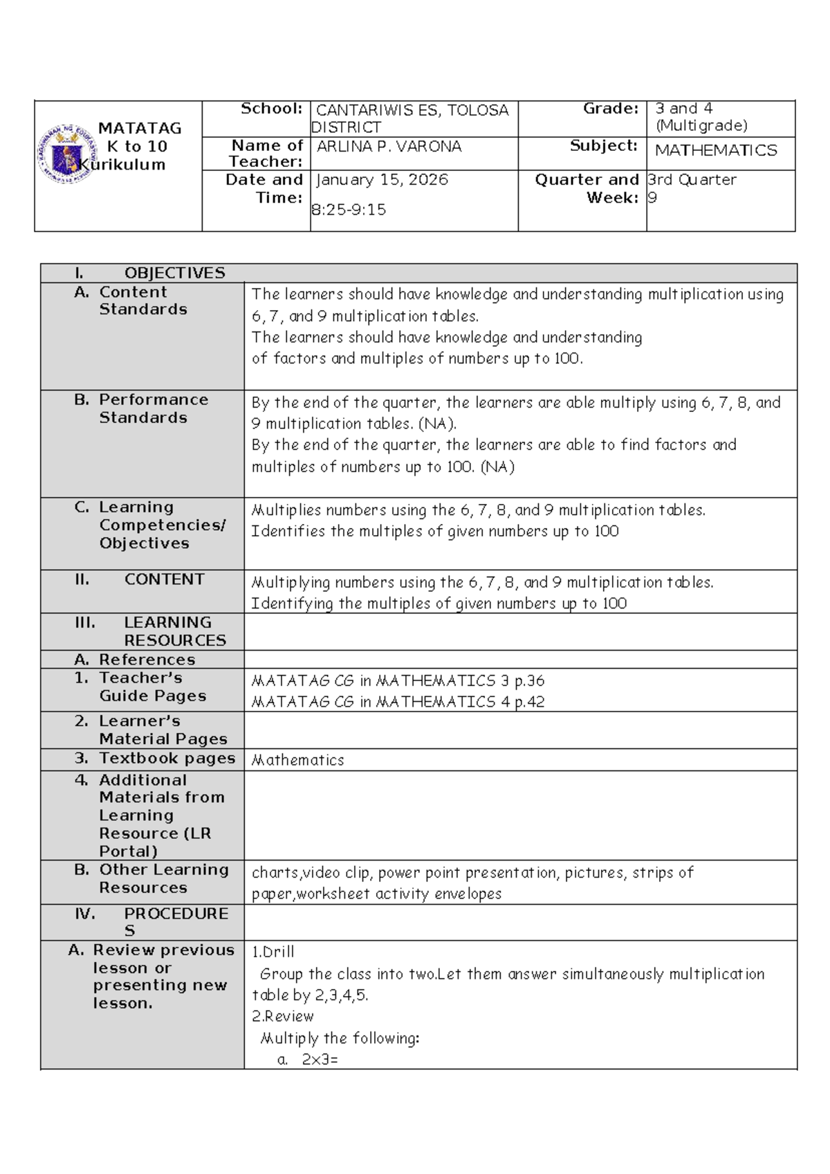 DLP CO Grade 34: Multiplication & Factors Lesson Plan - Studocu