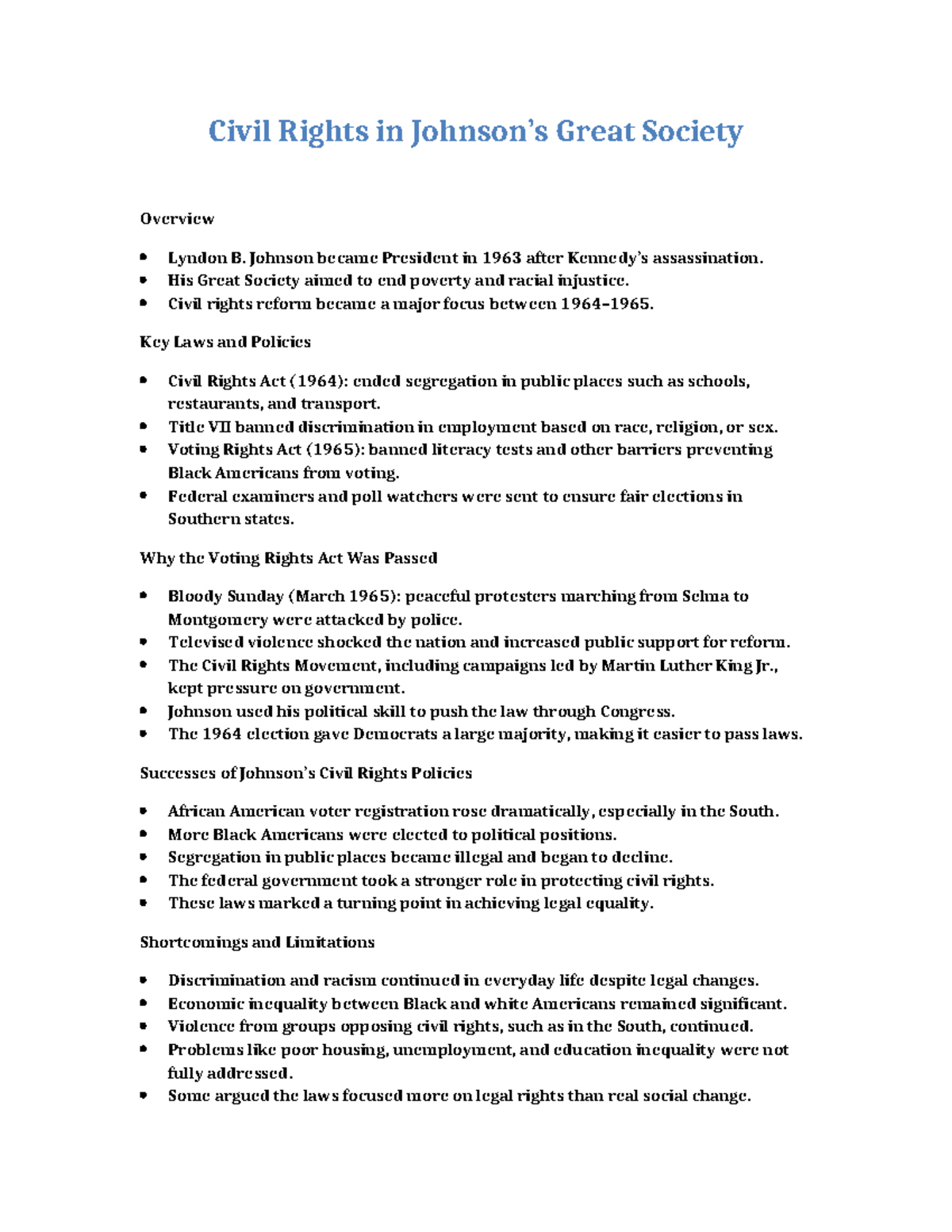 Detailed Civil Rights Handout: Overview of the Great Society - Studocu