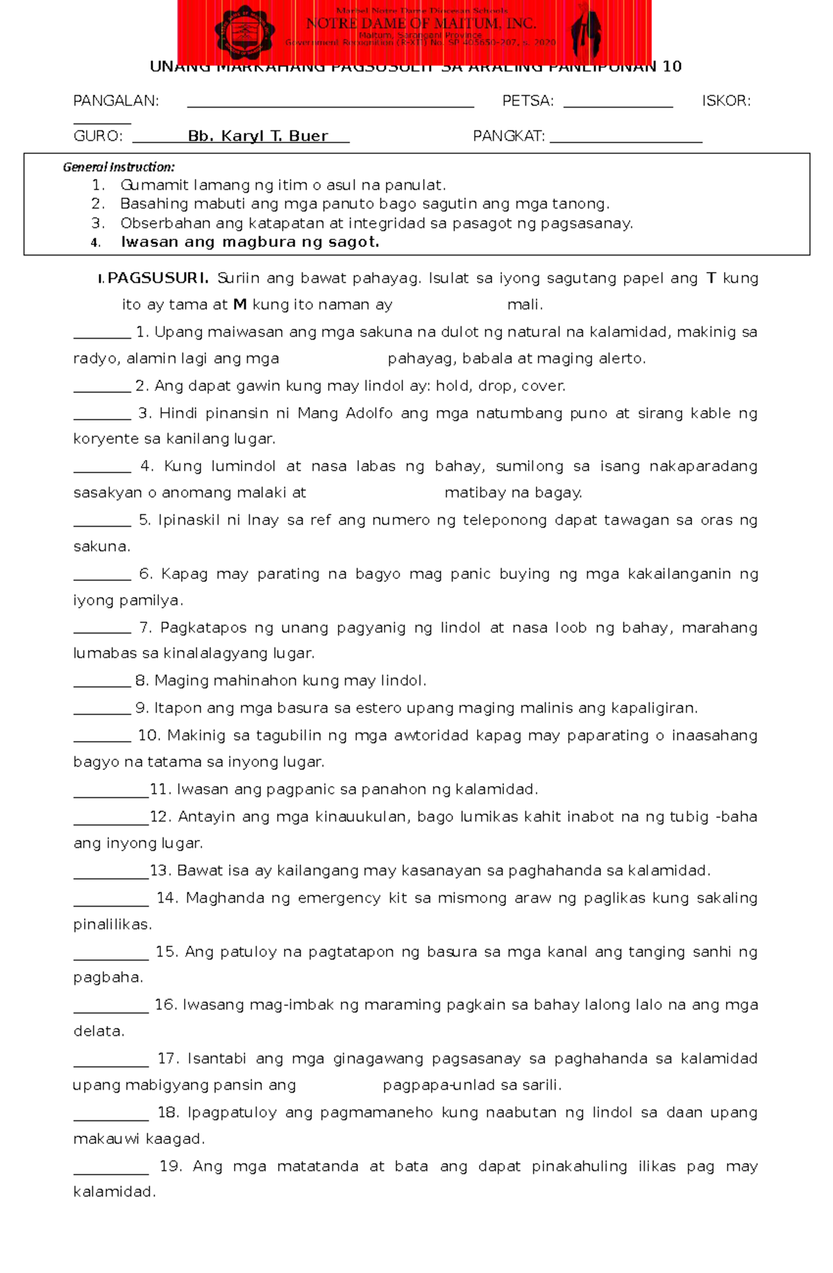 Arpan 10 Q1 final Examination - UNANG MARKAHANG PAGSUSULIT SA ARALING PANLIPUNAN 10 PANGALAN ...