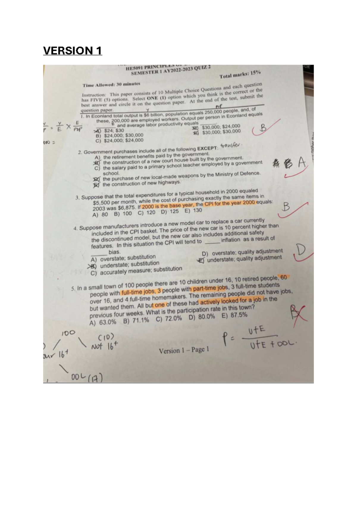 ECON QUIZ 2 - quiz 2 bible - HE5091 - VERSION VERSION VERSION VERSION ...