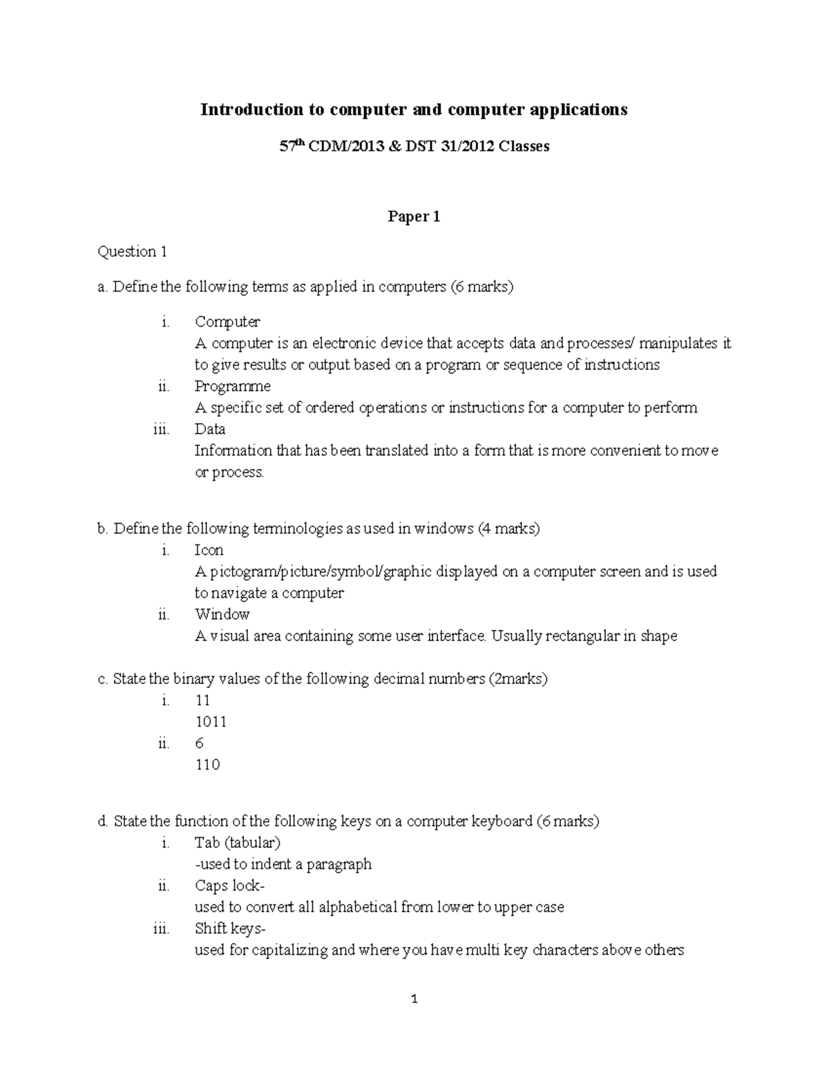 Introduction to Computer Applications Exam - 57th DST Classes - Studocu