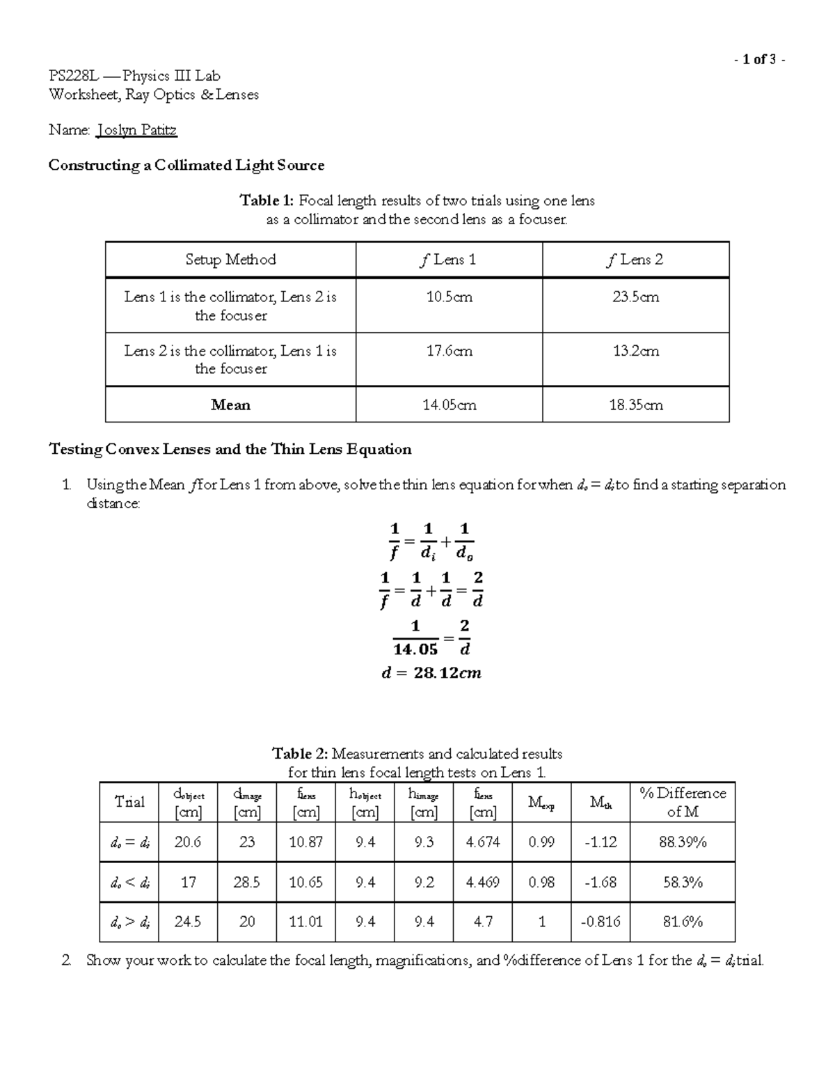 PS228L Ray Optics & Lenses Worksheet - Joslyn Patitz - Studocu