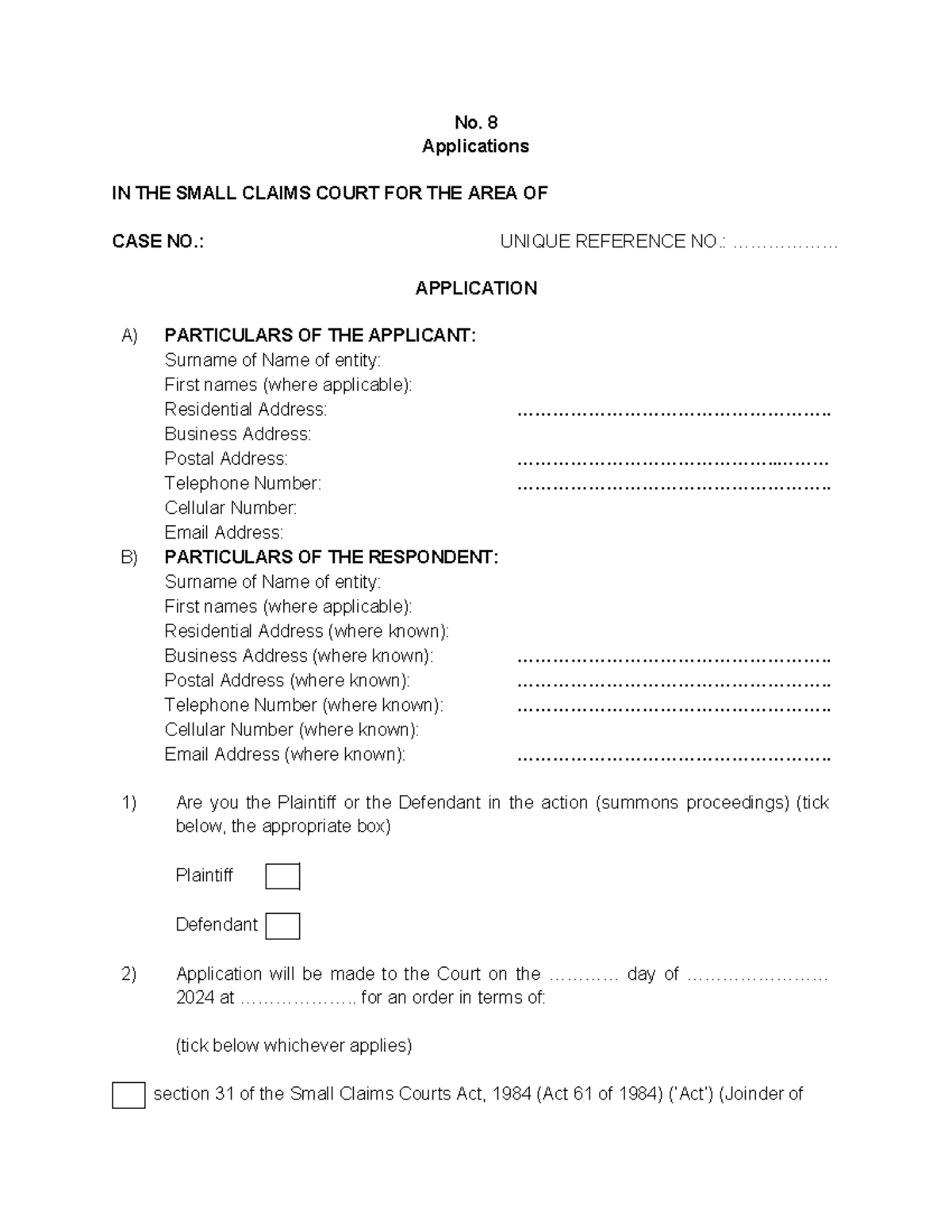 Application for Rescission of Judgment - Small Claims Court - Studocu