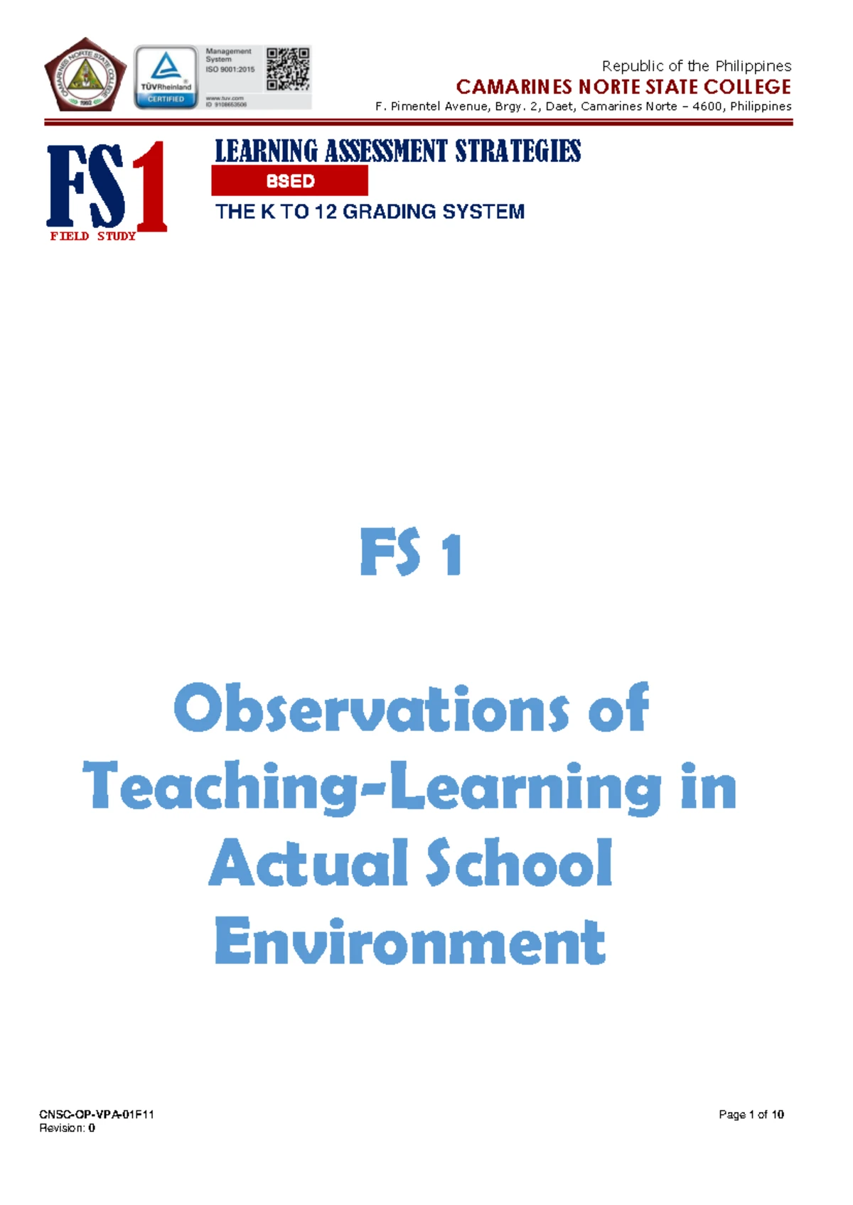 Field Study 1- Episode 11 - CAMARINES NORTE STATE COLLEGE F. Pimentel ...