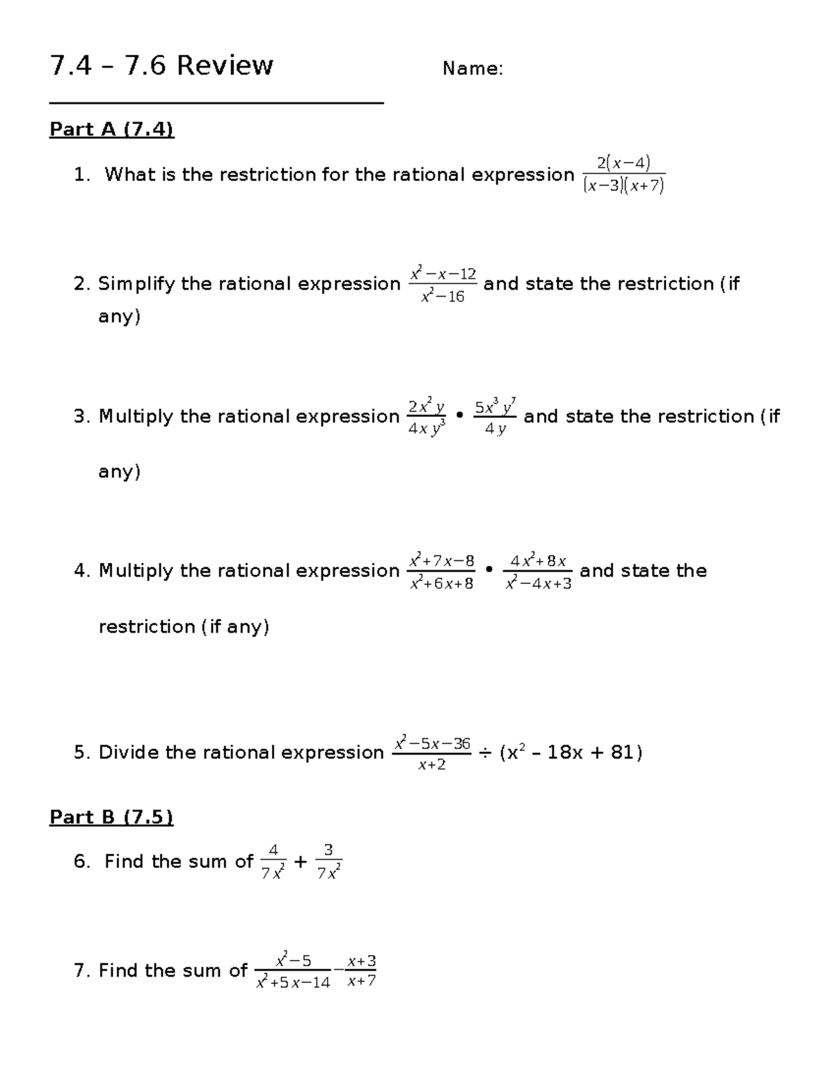 7.4-7.6 Review: Rational Expressions & Solutions (Part A & B) - Studocu