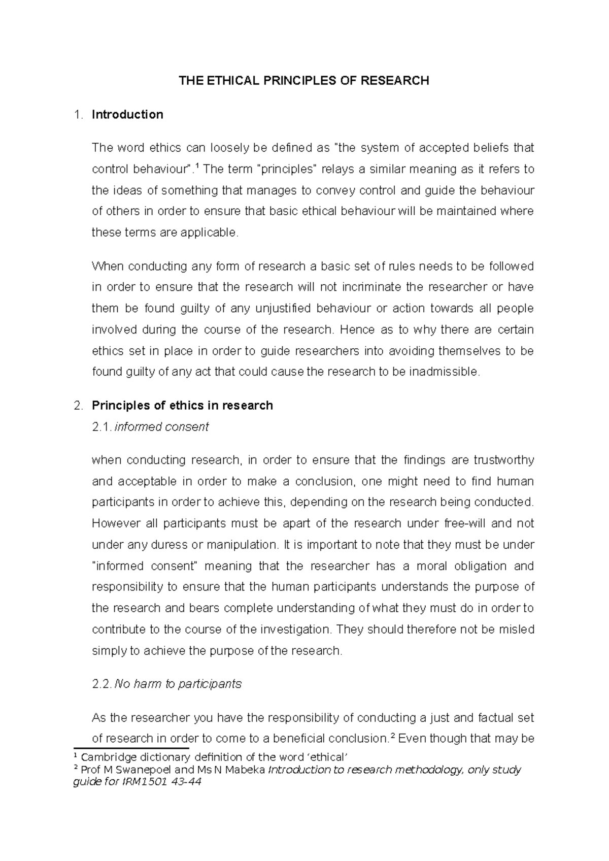 Ethical Principles in Research: A Study Guide for IRM1501 - Studocu
