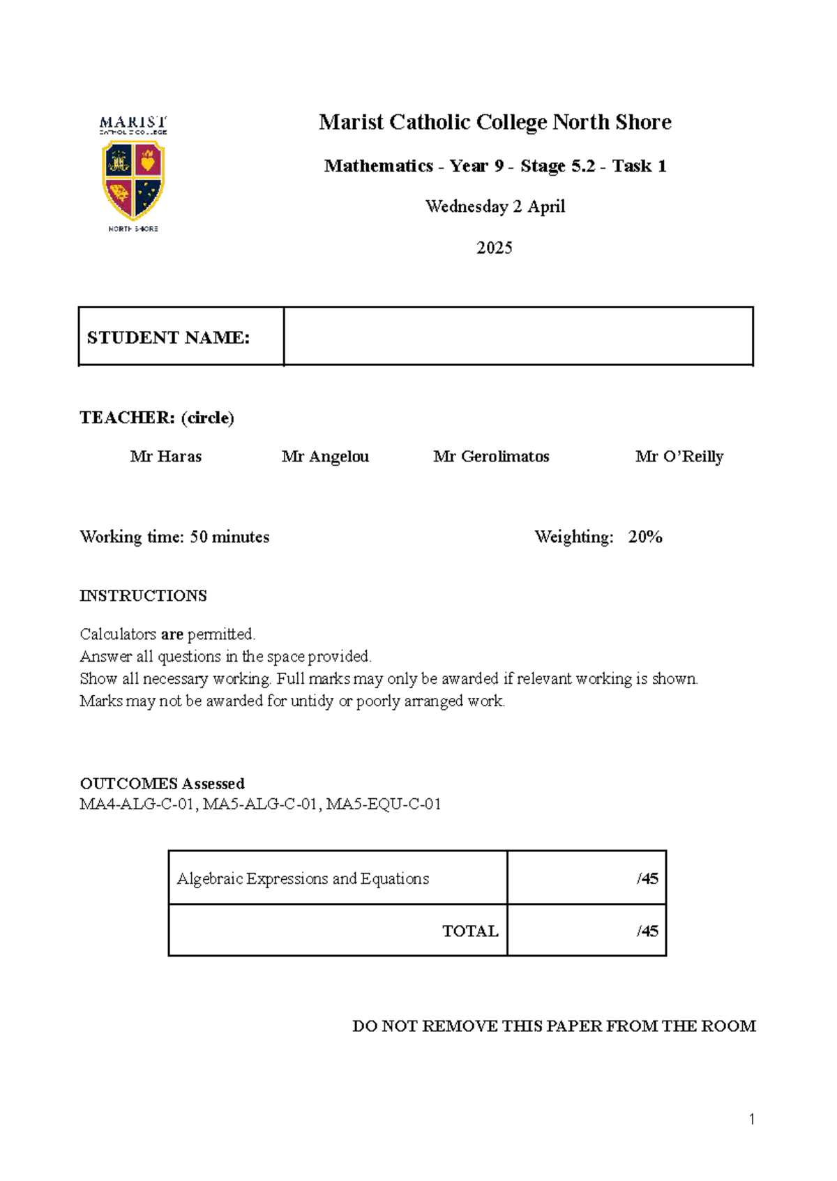 Yr 9 Mathematics 5.2 Assessment Task 1 - April 2025 - Studocu