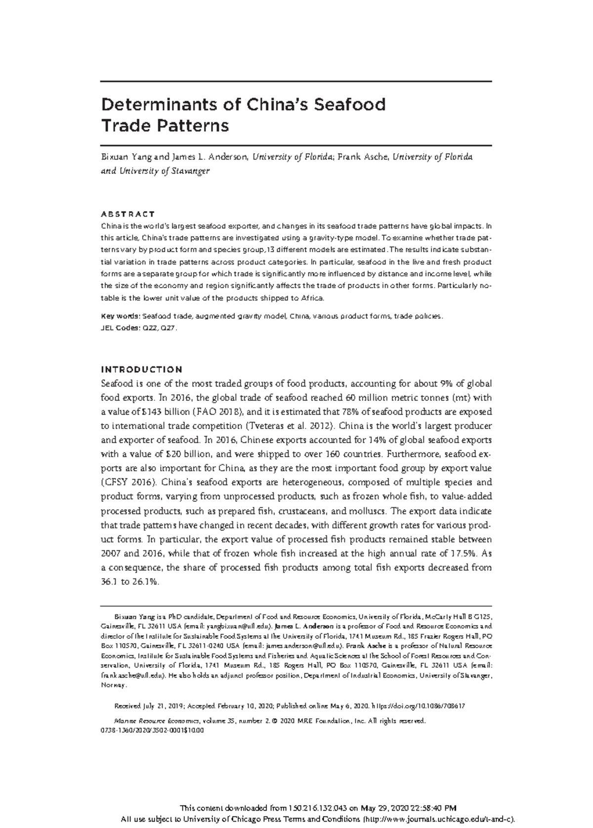 Determinants of China’s Seafood Trade Patterns: A Gravity Model ...