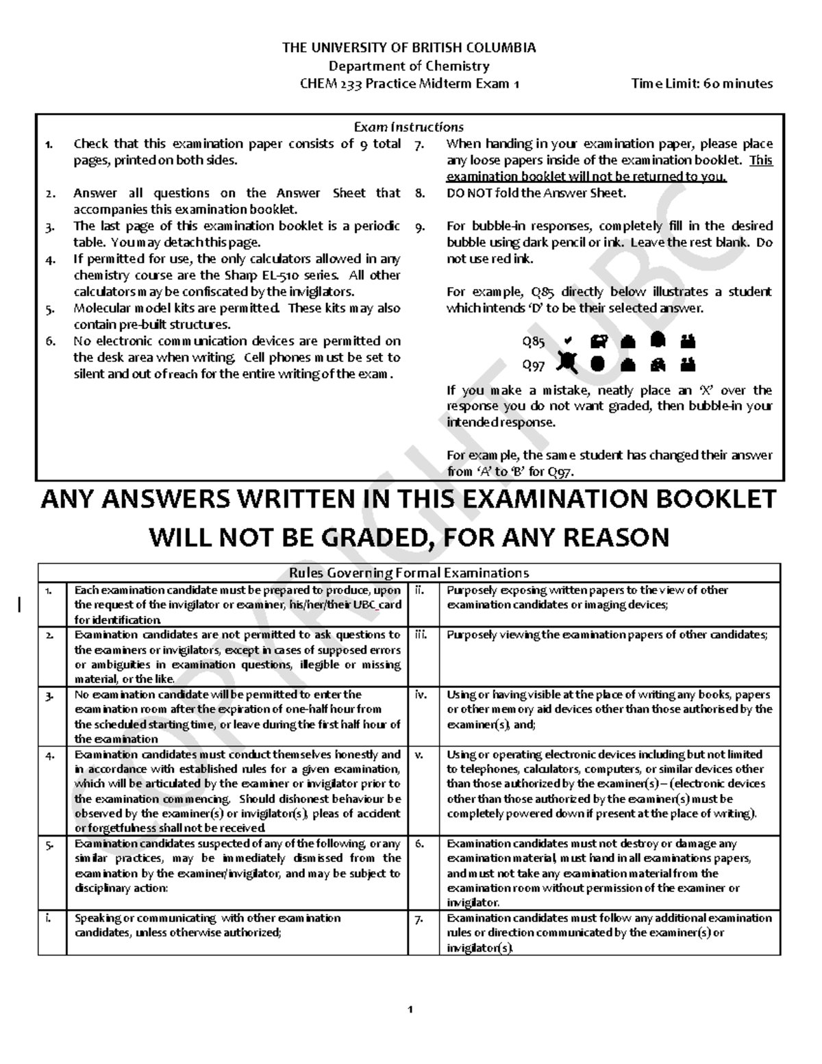 CHEM 233 Practice Midterm Exam 1 Guidelines and Instructions - Studocu