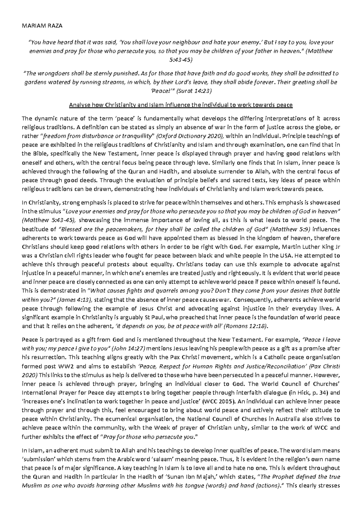 Religion and Peace Essay - Exploring Christianity and Islam's Teachings ...