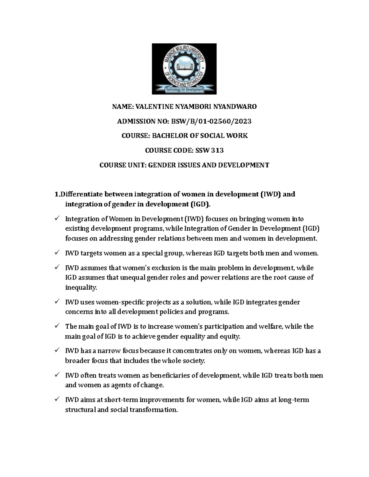 SSW 313 Gender Issues & Development: IWD vs IGD Analysis - Studocu