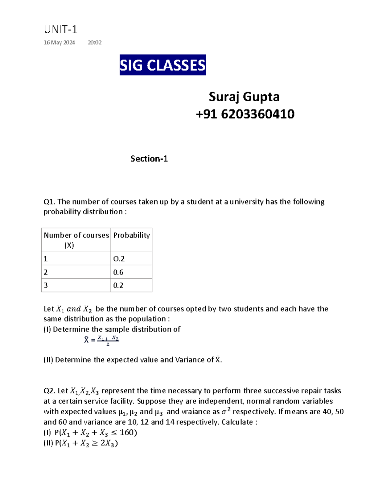 Stats-PYQ Booklet (Unit-1): Probability Distributions & Normal Variables - Studocu