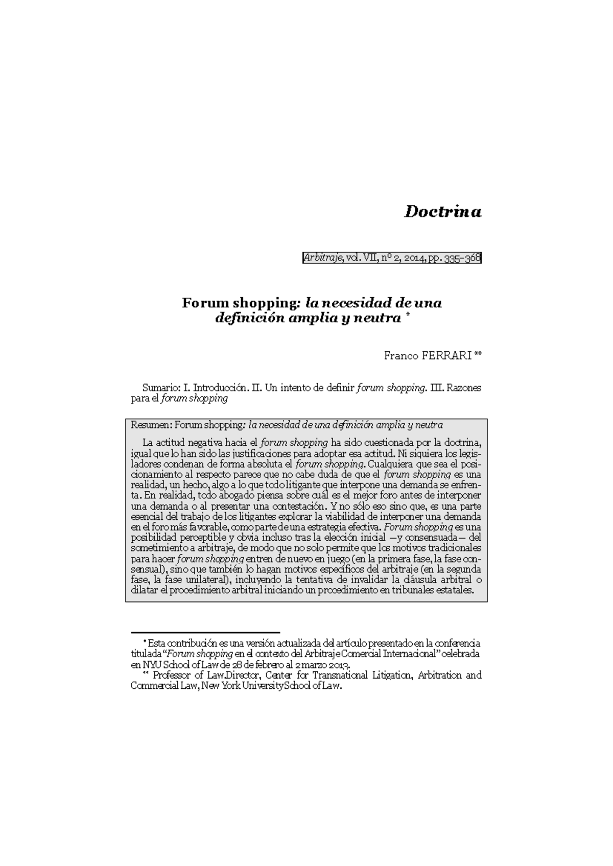 Forum Shopping: Definición Amplia y Neutra en Arbitraje (Arbitraje VII ...