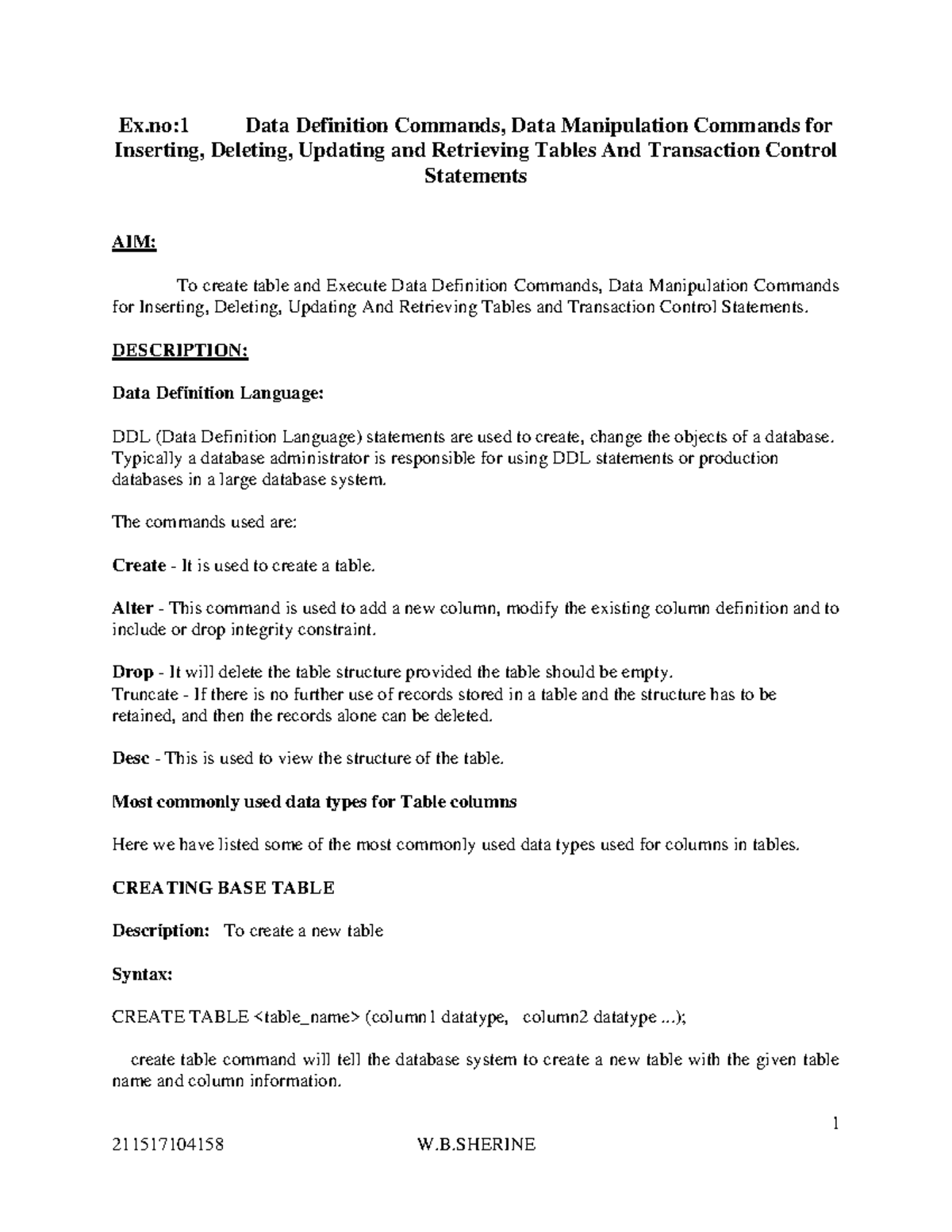 DBMS 101: DDL, DML & TCL Commands Overview and Examples - Studocu