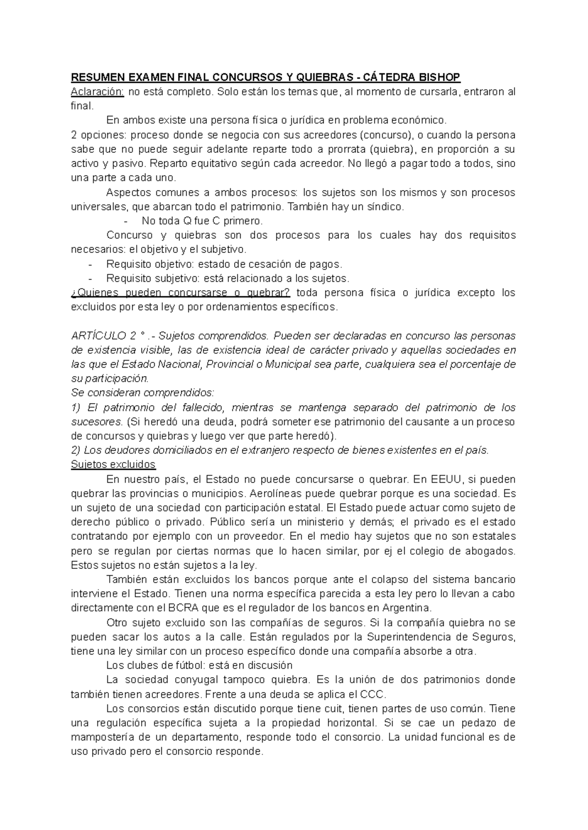 Resumen Examen Final: Concursos y Quiebras - Cátedra Bishop - Studocu