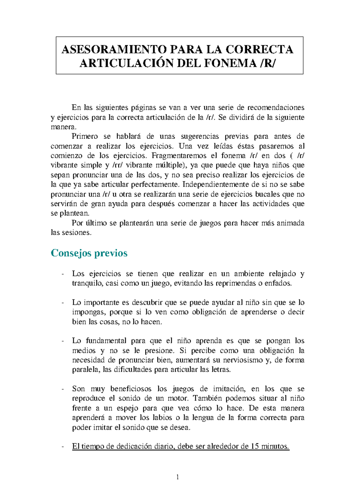 Ejercicios y Juegos para la Articulación del Fonema /R/ - Cuadernillo ...