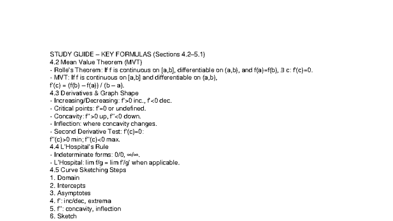 Calculus Quick Sheet: Key Formulas & Concepts (MATH 101) - Studocu