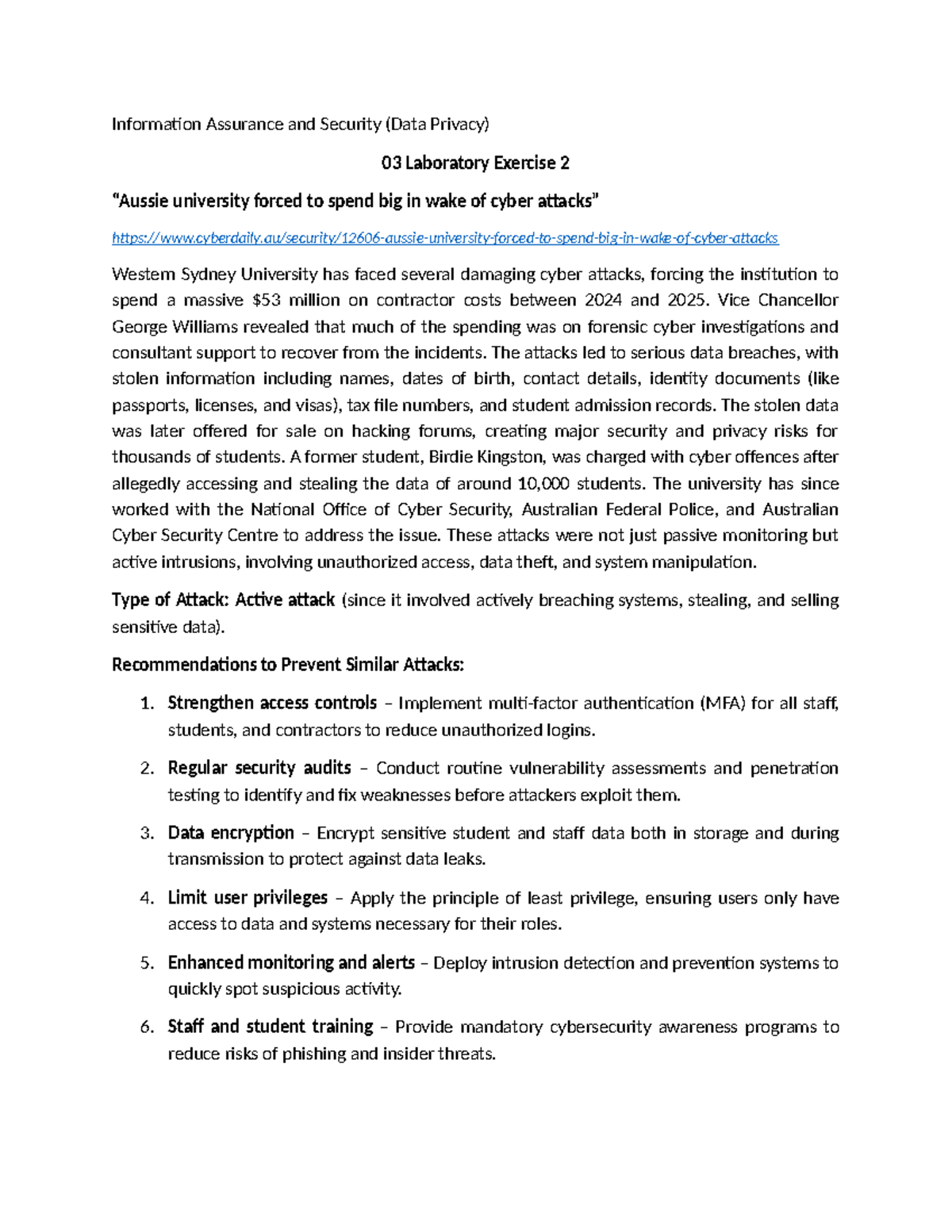 IAS (Data Privacy) - 03 Lab Exercise 2: Cyber Attack Response & Prevention - Studocu