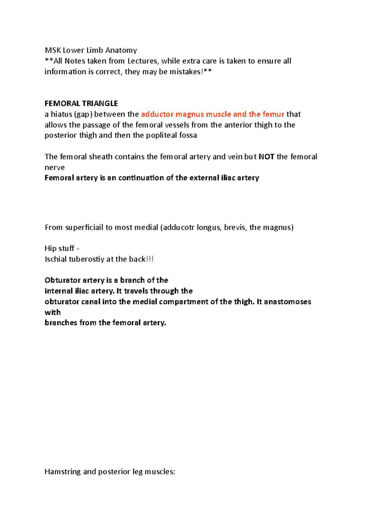 MSK Lecture Notes on Lower Limb Anatomy and Muscle Function - Studocu