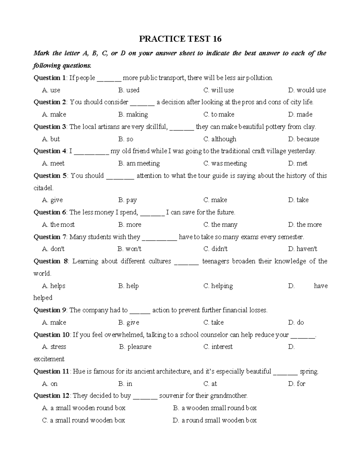Practice Test 16 - Grade 9 English Exam Questions - Studocu