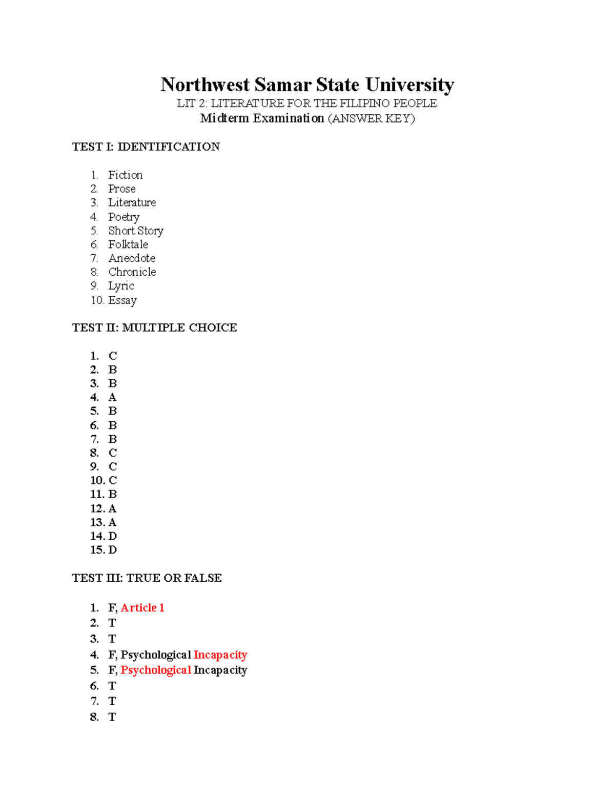 LIT2 Answer KEY - Northwest Samar State University LIT 2: LITERATURE ...