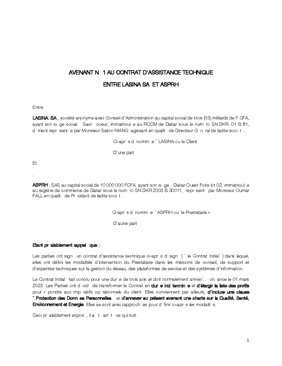 Avenant N° 1 au Contrat Technique LASINA SA & ASPRH - Studocu