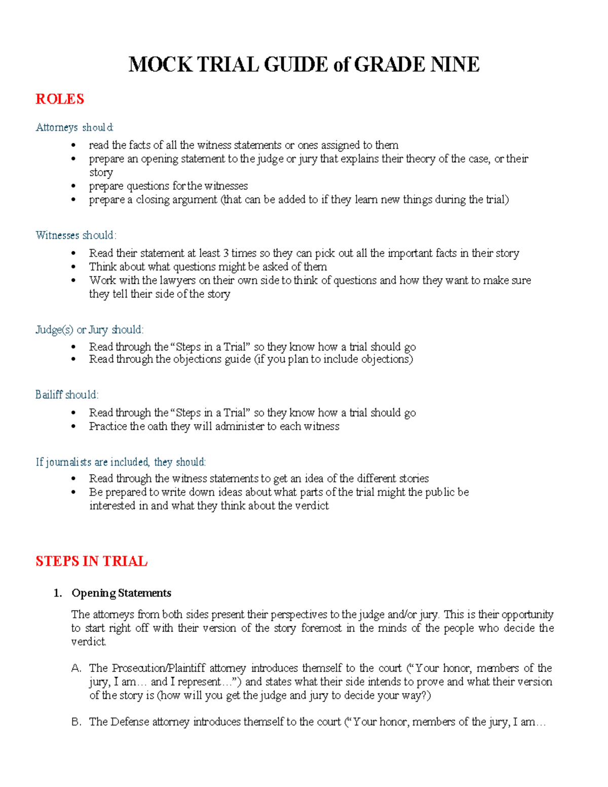 Mock Trial Guide for Grade 9: Roles and Responsibilities - Studocu