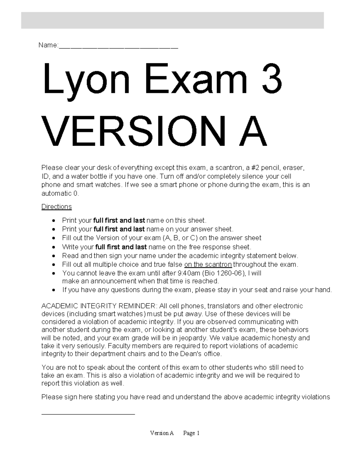 Lyon Exam 3 Version A - Bio 1260-06 Questions and Answers - Name
