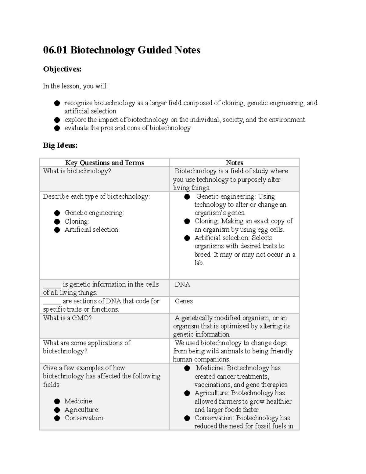 06 01 notes - 06 Biotechnology Guided Notes Objectives: In the lesson ...