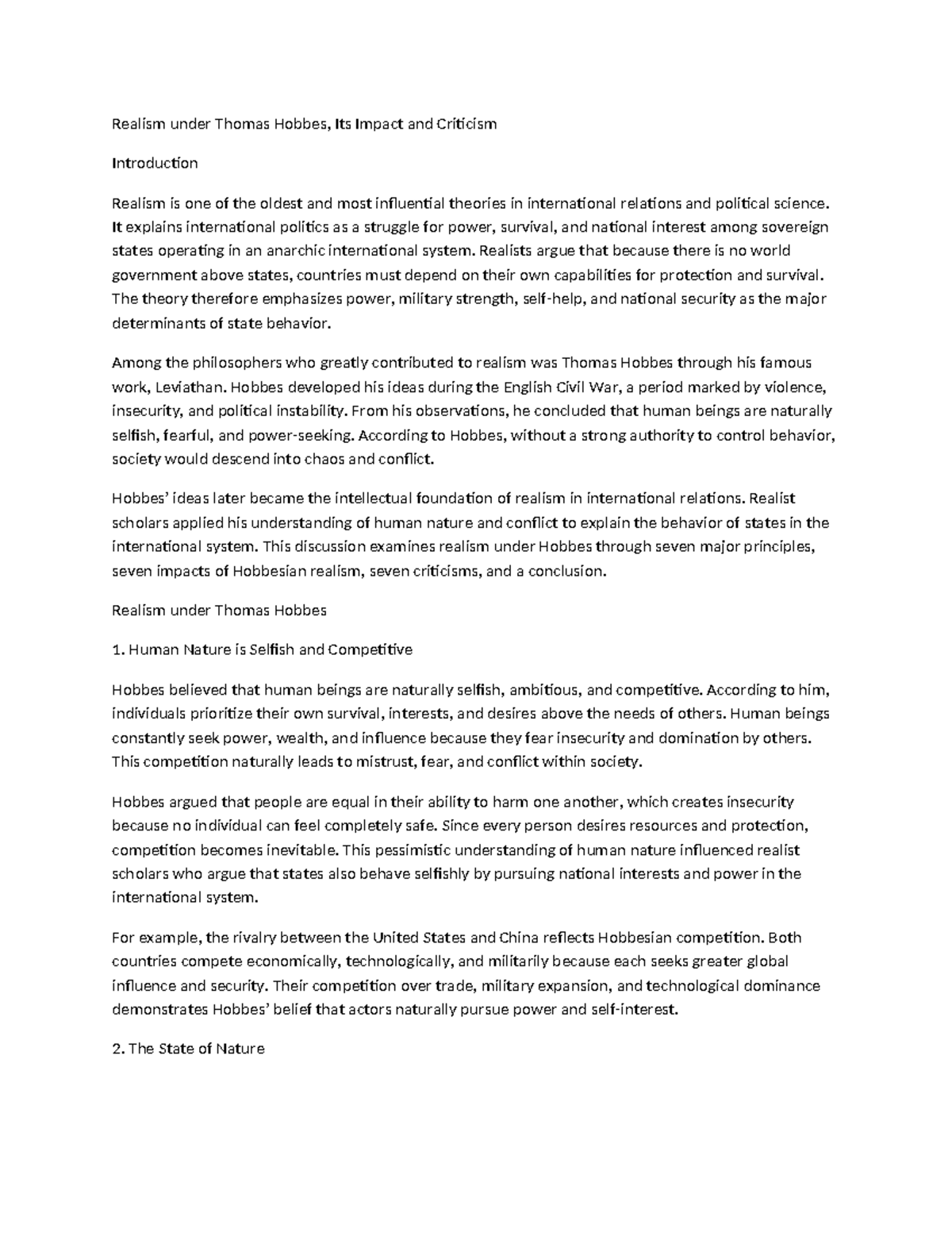 Realism in International Relations: Hobbes' Influence and Critique ...
