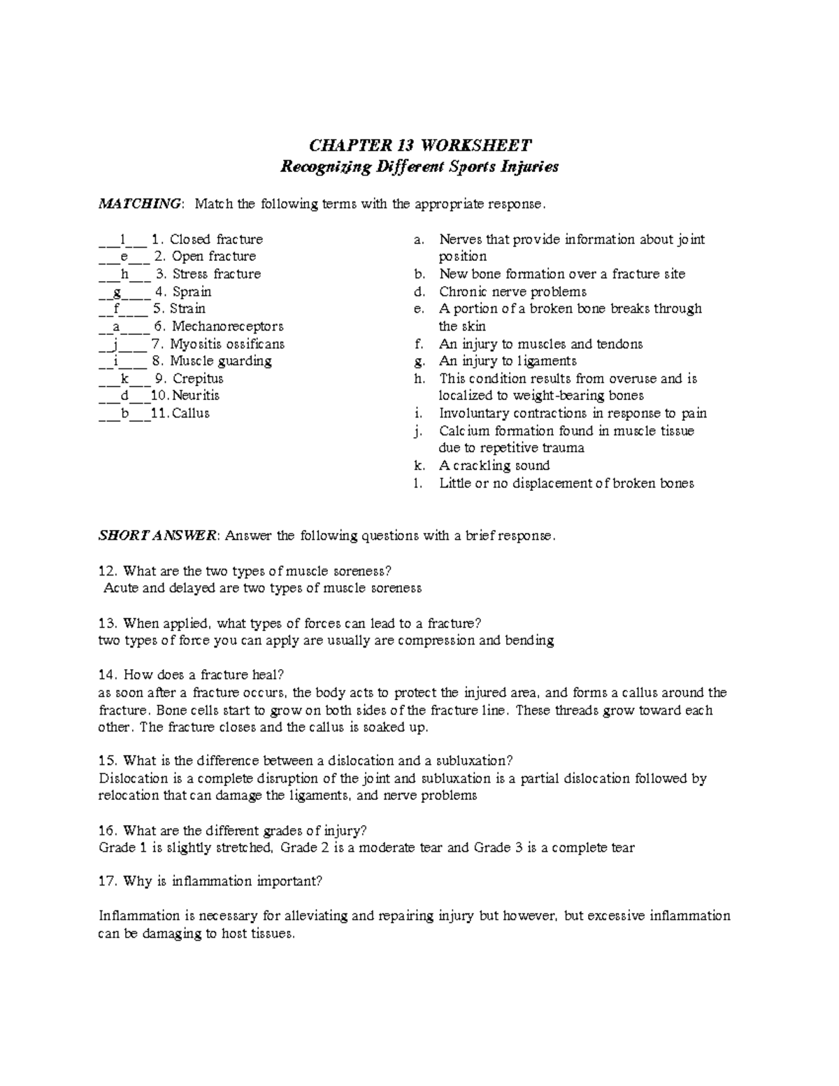 Ch 13 Worksheet - Recognizing Different Sports Injuries Assignment ...