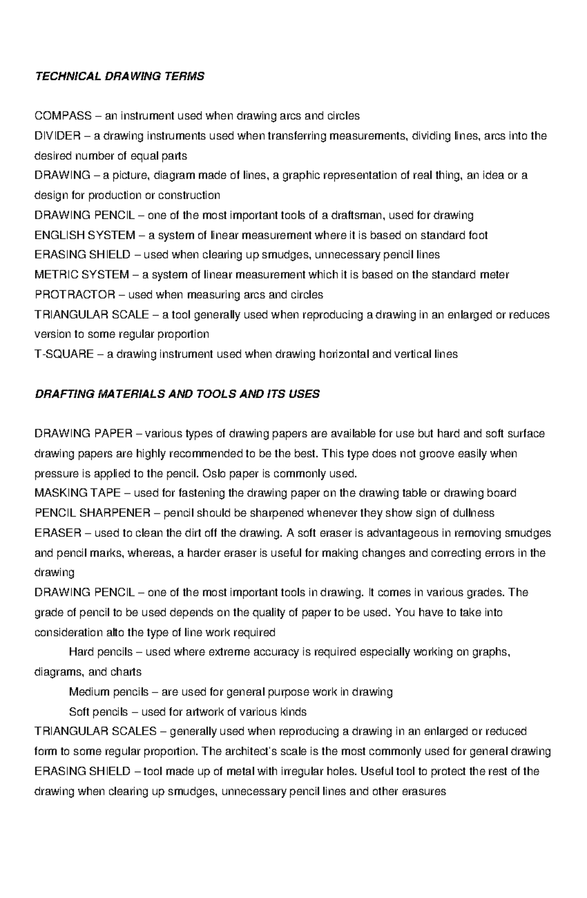 Technical Drawing Terms and Instruments: Comprehensive Guide - Studocu