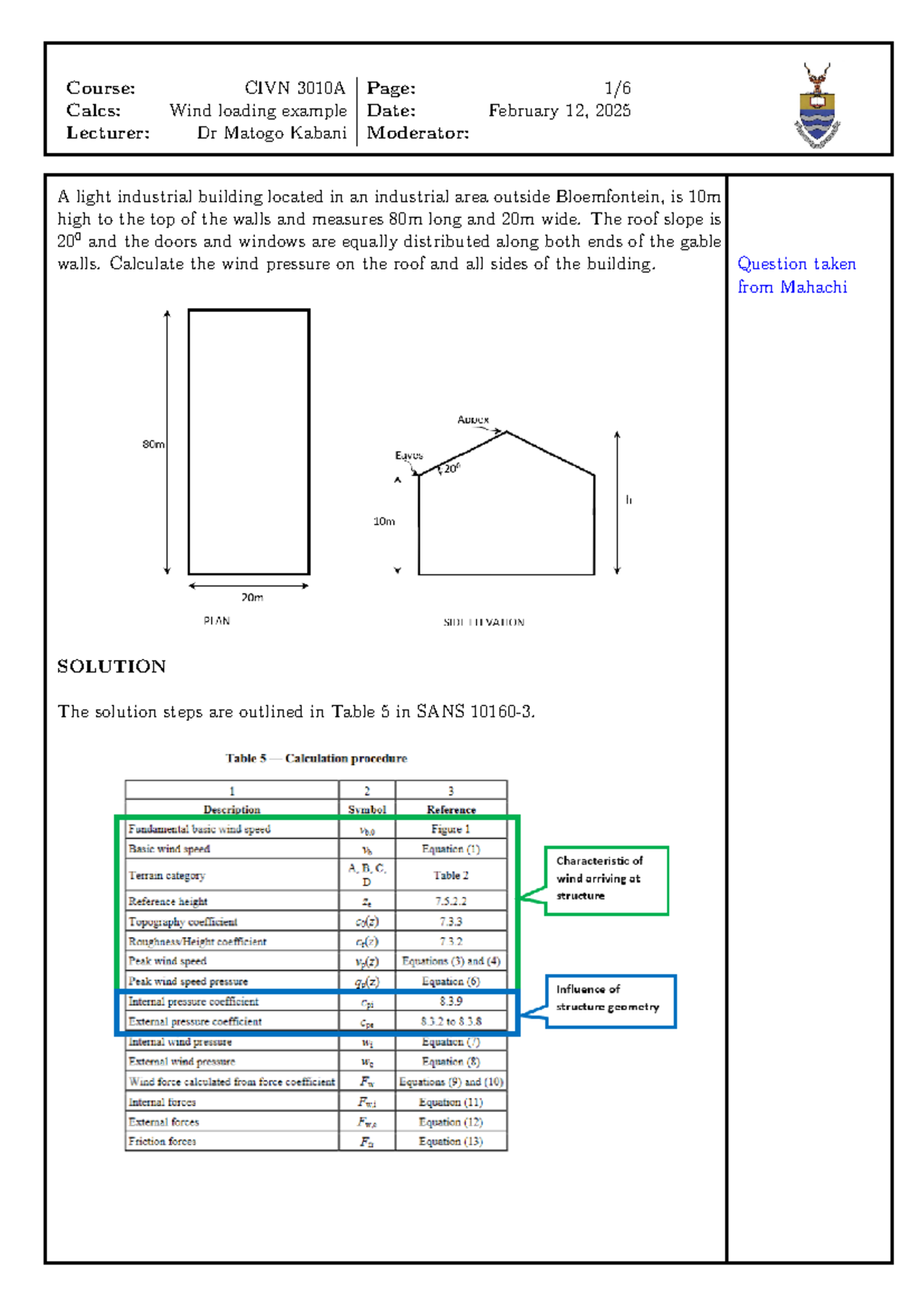 Wits Calculation Example: Wind Loading Analysis for Light Industrial Structure - Studocu