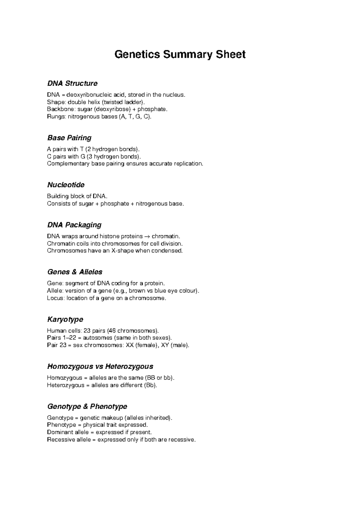 Genetics 101: Summary Sheet on DNA Structure and Function - Studocu