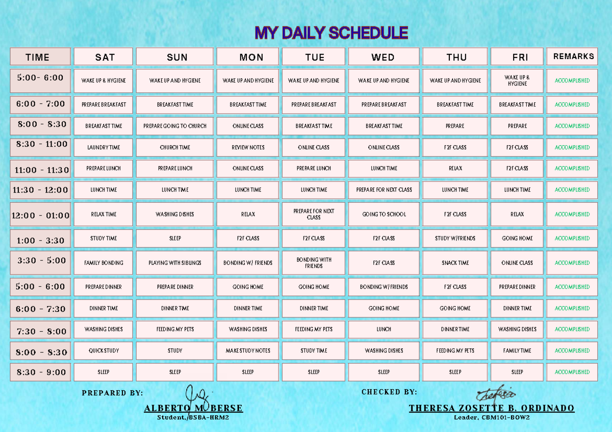 DAILY SCHEDULE FOR BSBA-HRM 2 & CBM 101-BOW 2 - Studocu