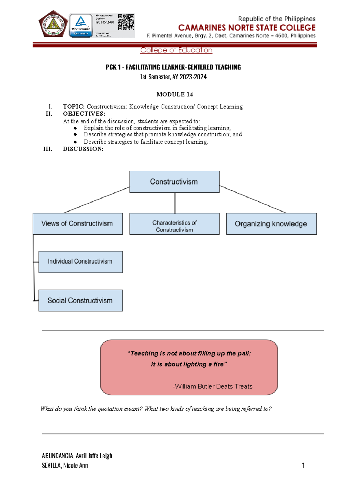 PCK 1: Module 14 - Facilitating Learner-Centered Teaching on Constructivism - Studocu