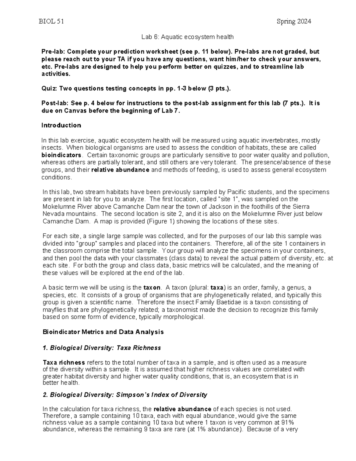 Lab 6 Pre-Lab & Lab Activity Sp24 - BIOL 51 Spring 2024 Lab 6: Aquatic ...
