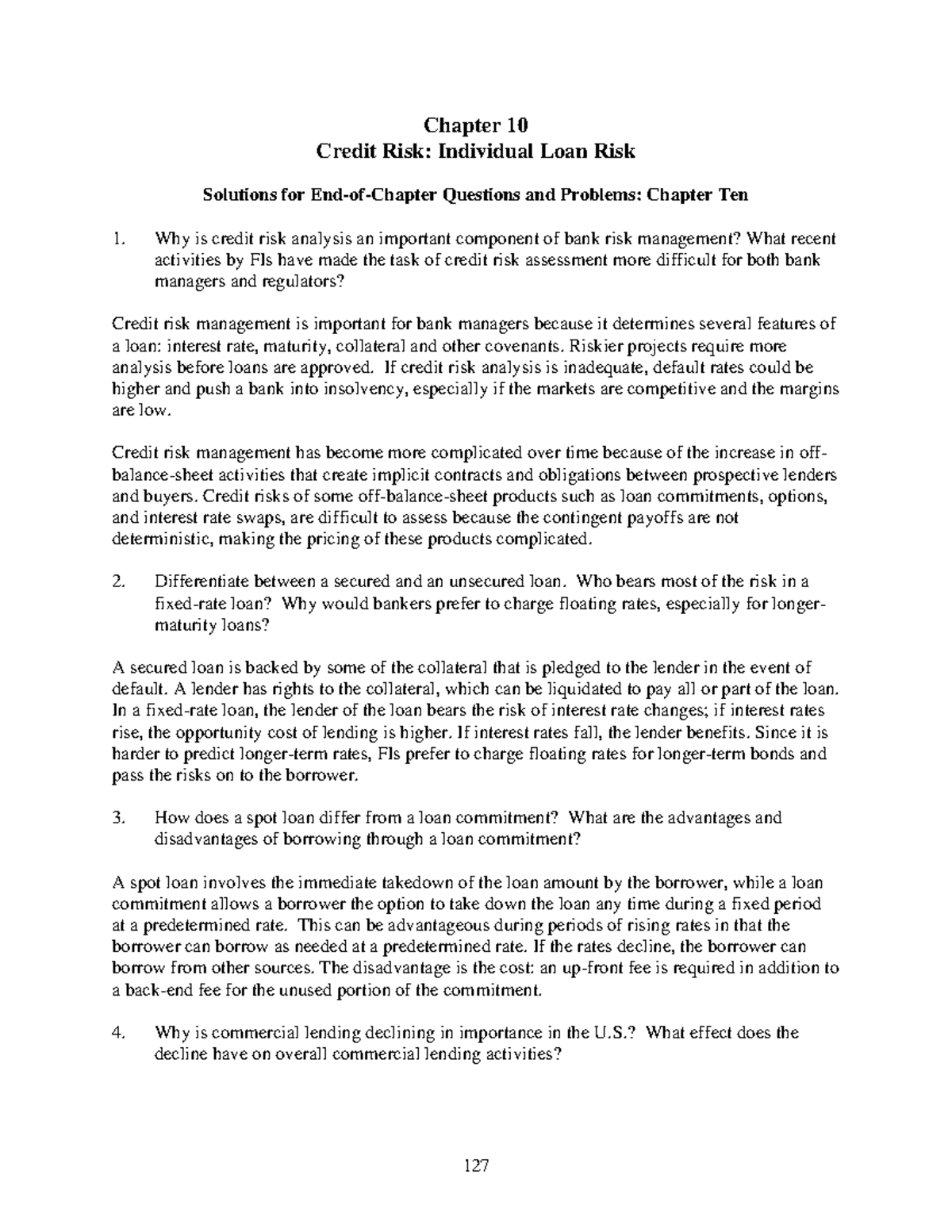 B-503 Chapter 10 Solutions: Understanding Credit Risk in Loans - Studocu