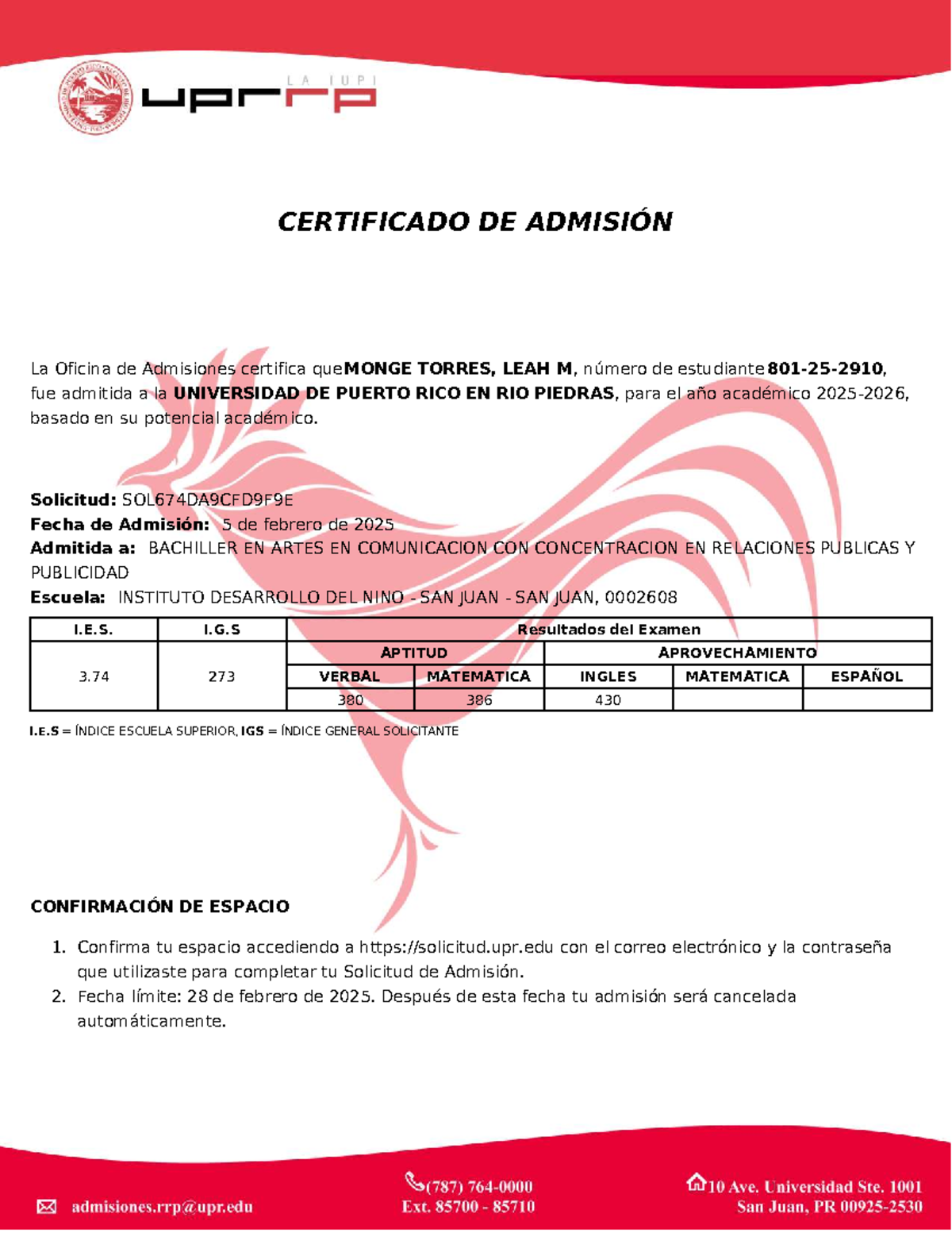 Certificado de Admisión - UPR Río Piedras - SOL674DA9CFD9F9E - Studocu
