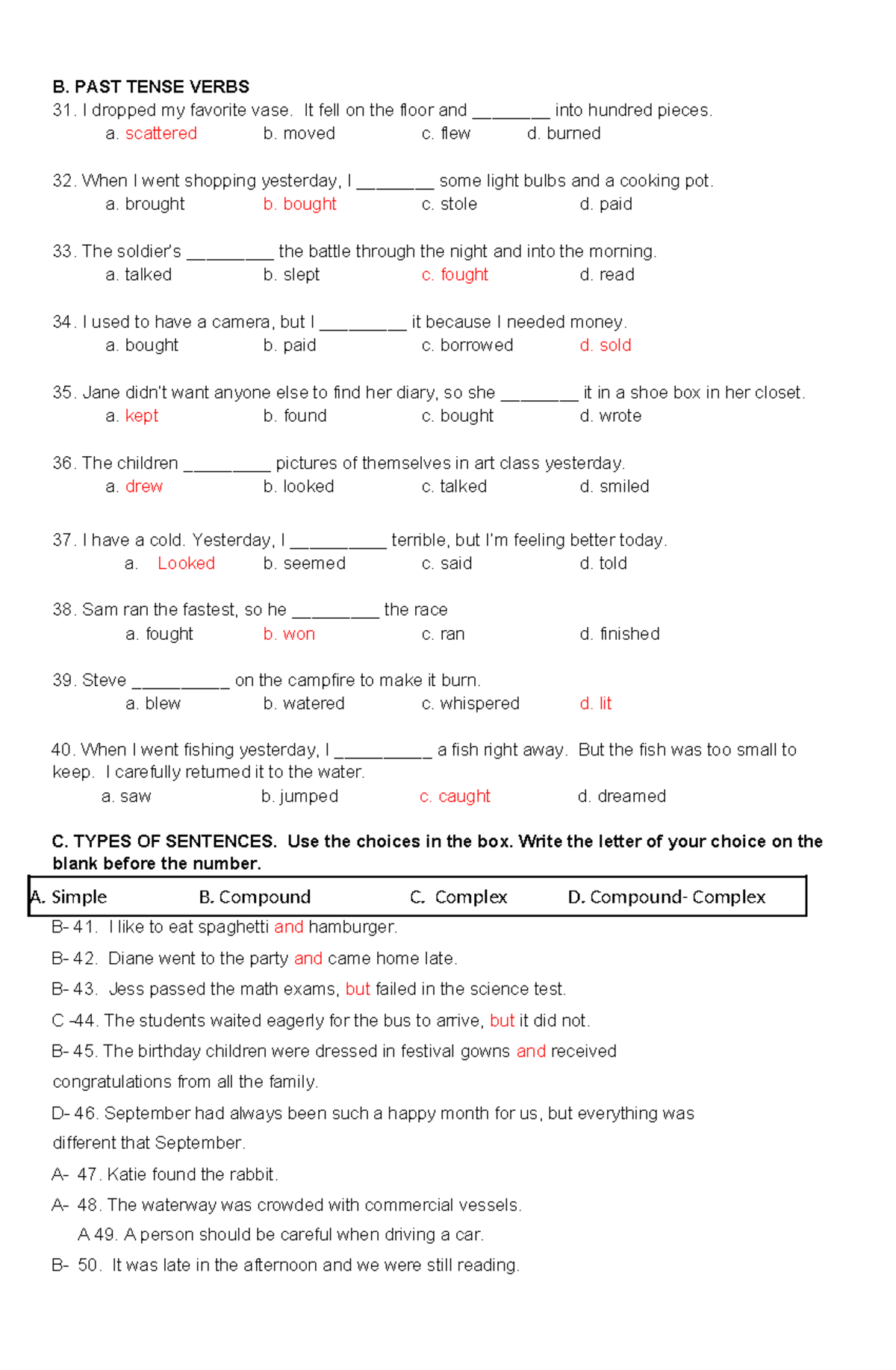STE English - Past Tense Verbs and Sentence Types Practice - Studocu