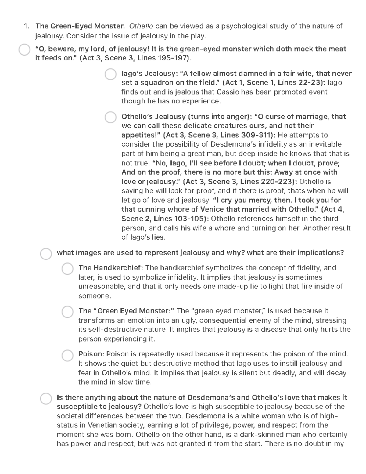 Othello (ENG 201): The Green-Eyed Monster of Jealousy Analysis - Studocu