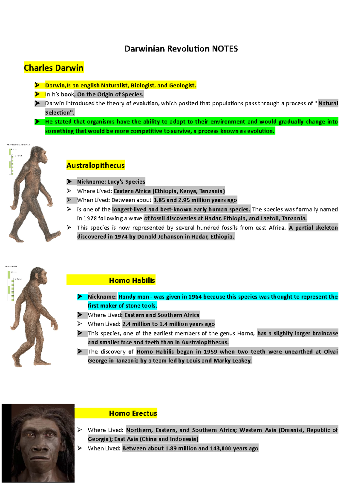 Darwinian Revolution: Key Notes on Evolution and Early Humans - Studocu