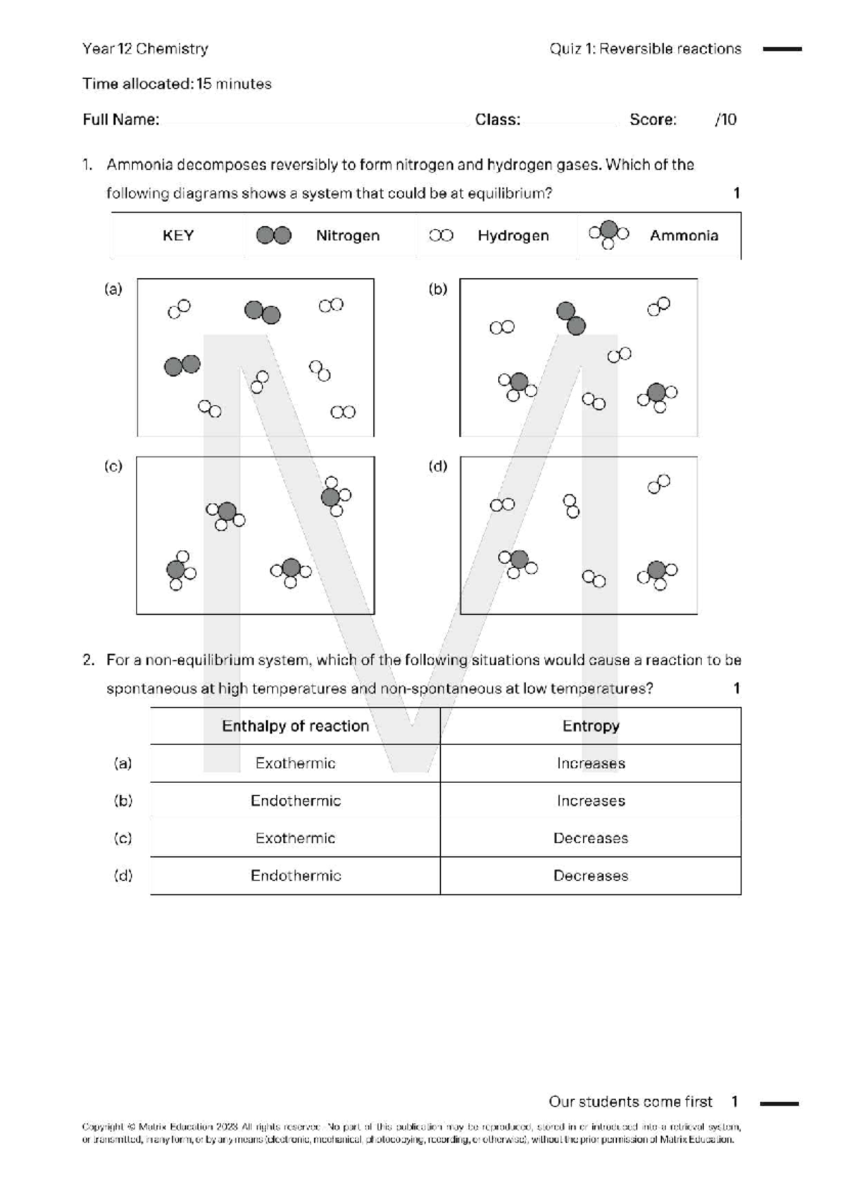 Year 12 Chemistry Quiz: Reversible Reactions and Equilibrium - Studocu