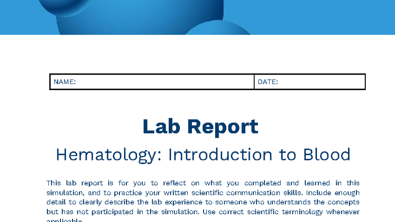 Lab Report: Hematology (BIO 101) - Introduction to Blood Analysis - Studocu