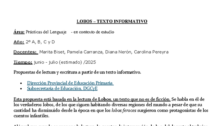 Propuesta de Secuencia Didáctica: LOBOS - Texto Informativo - Studocu