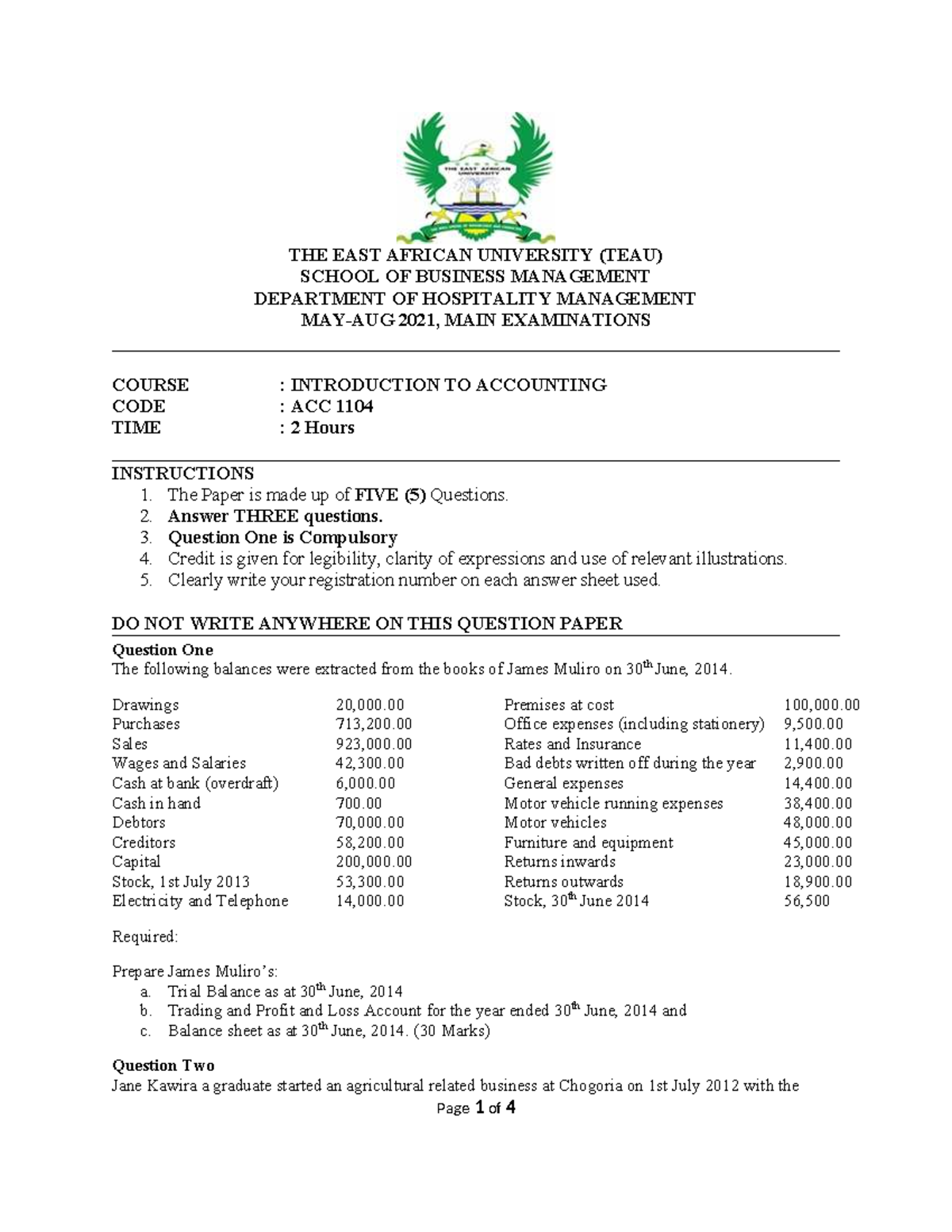 ACC 1104: Introduction to Accounting Main Exam 2021 - TEAU - Studocu