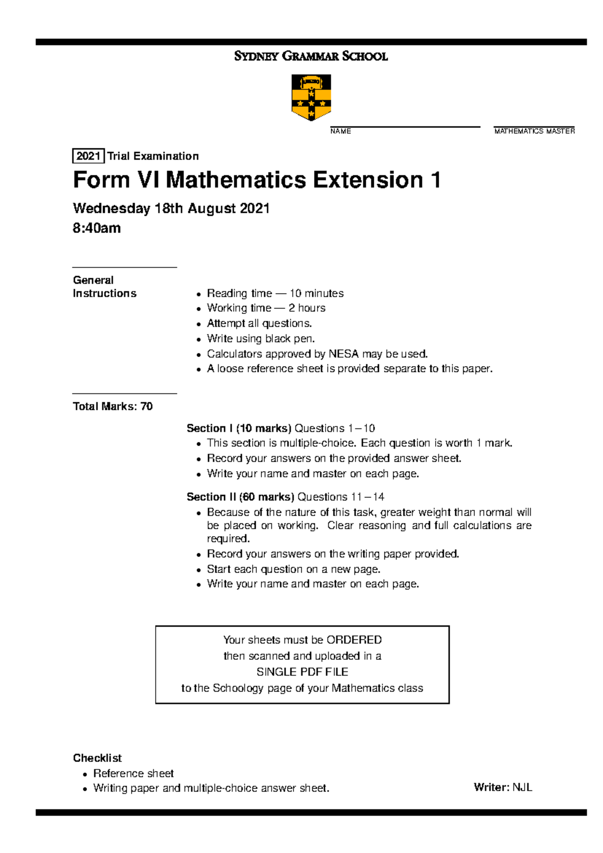 Form VI Mathematics Extension 1 Trial Exam 2021 - Sydney Grammar ...