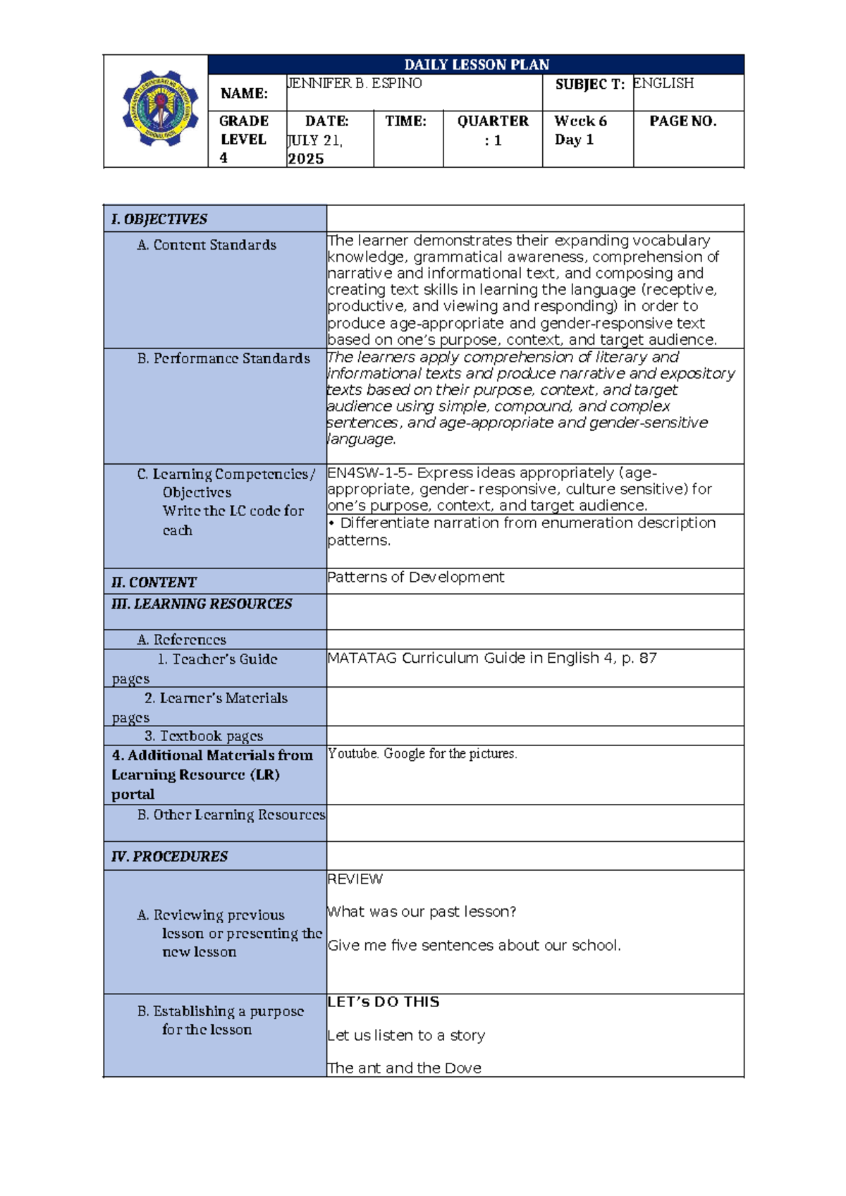 DLP G4 Q1 WK6 DAY 1 - English Lesson Plan by Jennifer B. Espino - Studocu
