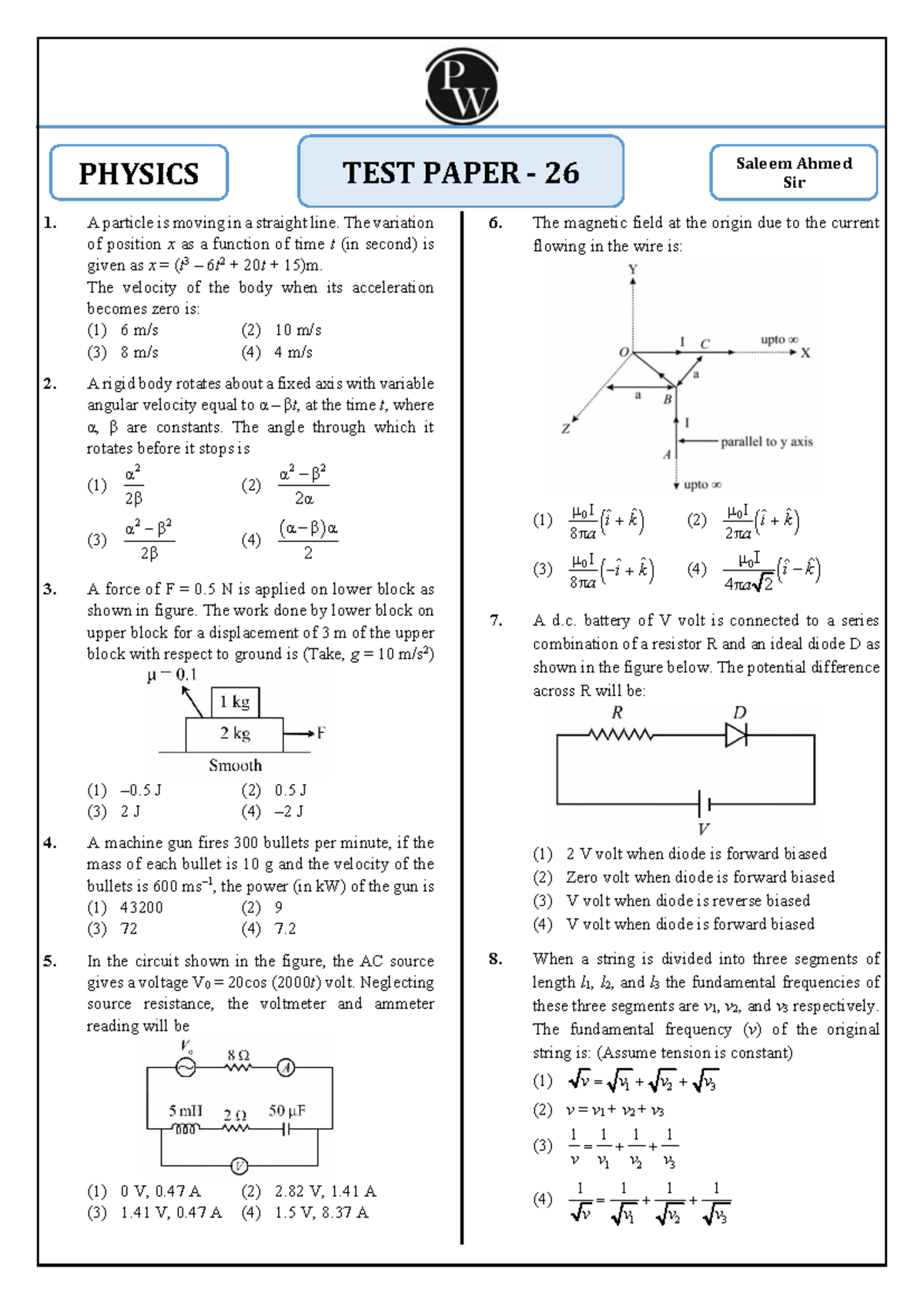 Test Paper 26 PHYSICS: Comprehensive Solutions and Answers - Studocu
