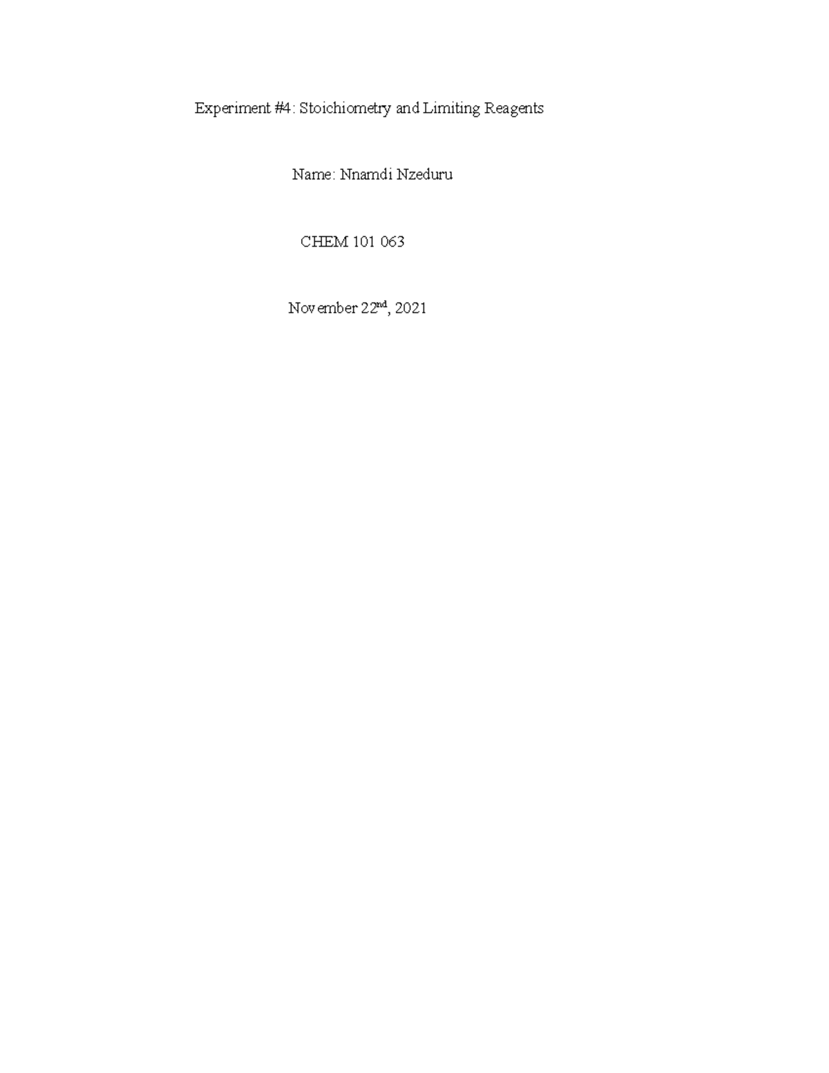 CHEM 101 063: Lab #2 on Stoichiometry & Limiting Reagents - Studocu